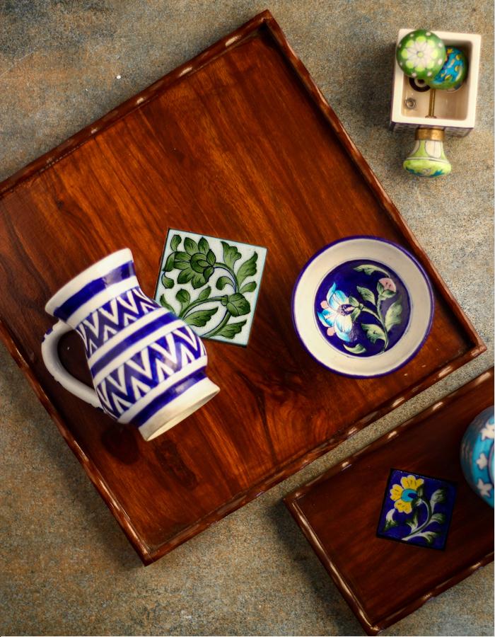 Neerja Blue Pottery wooden tile tray 12x12 inch | Blue pottery Jaipur ...