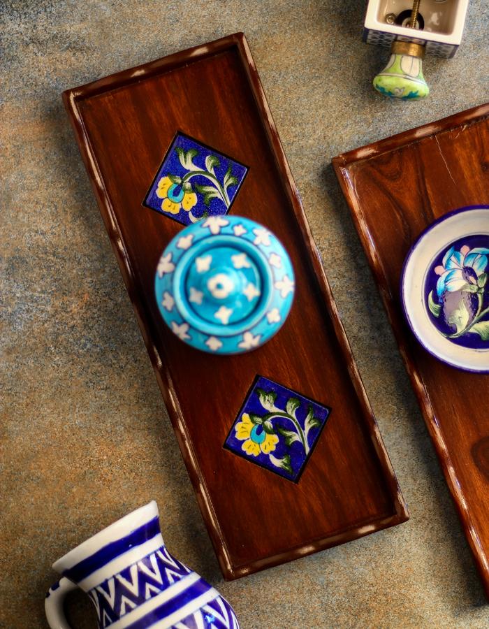 Neerja Wooden Blue Yellow Color Tile Tray 13x5 inch | Blue pottery ...